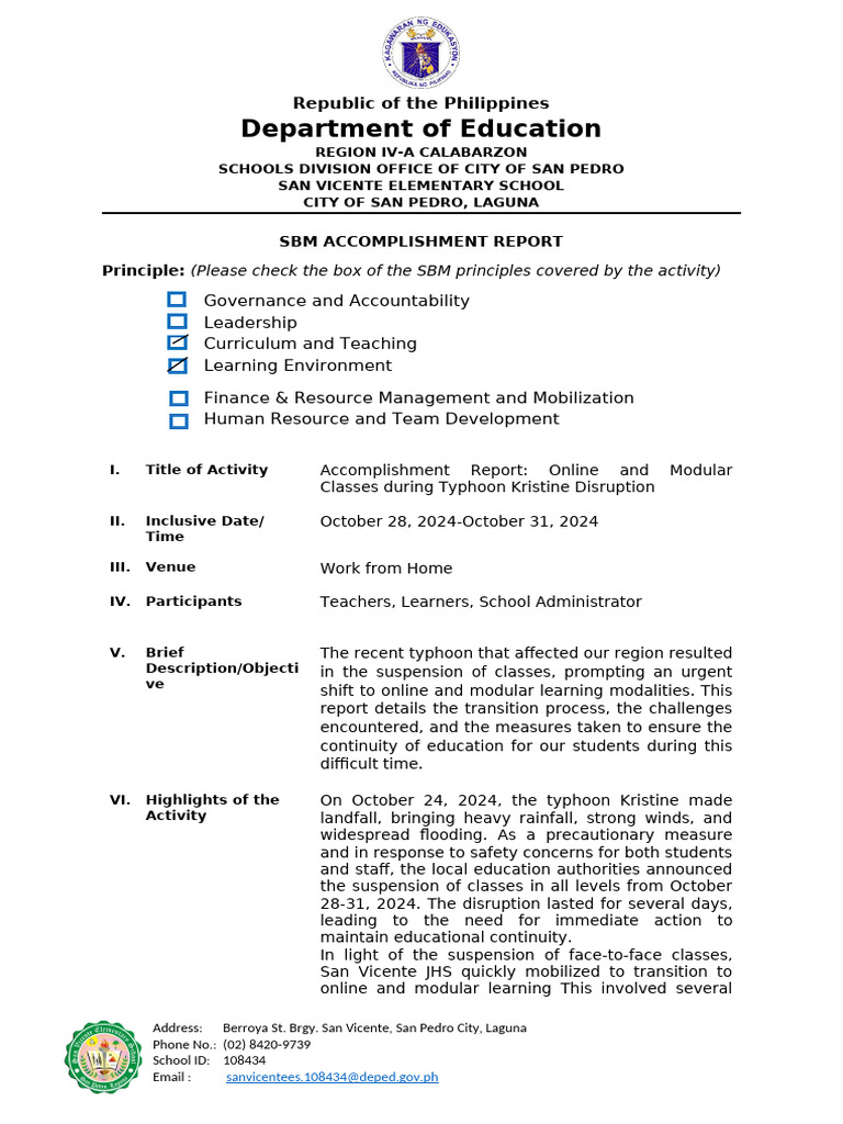Accomplishment Report: Typhoon Kristine | PDF | Learning | Teachers