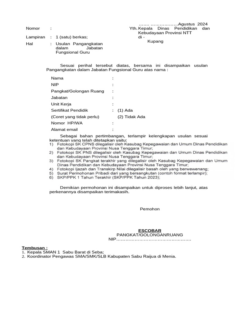 Contoh Surat Permohonan Pengangkatan Guru Dalam JAFUNG Guru 2024 (1) | PDF