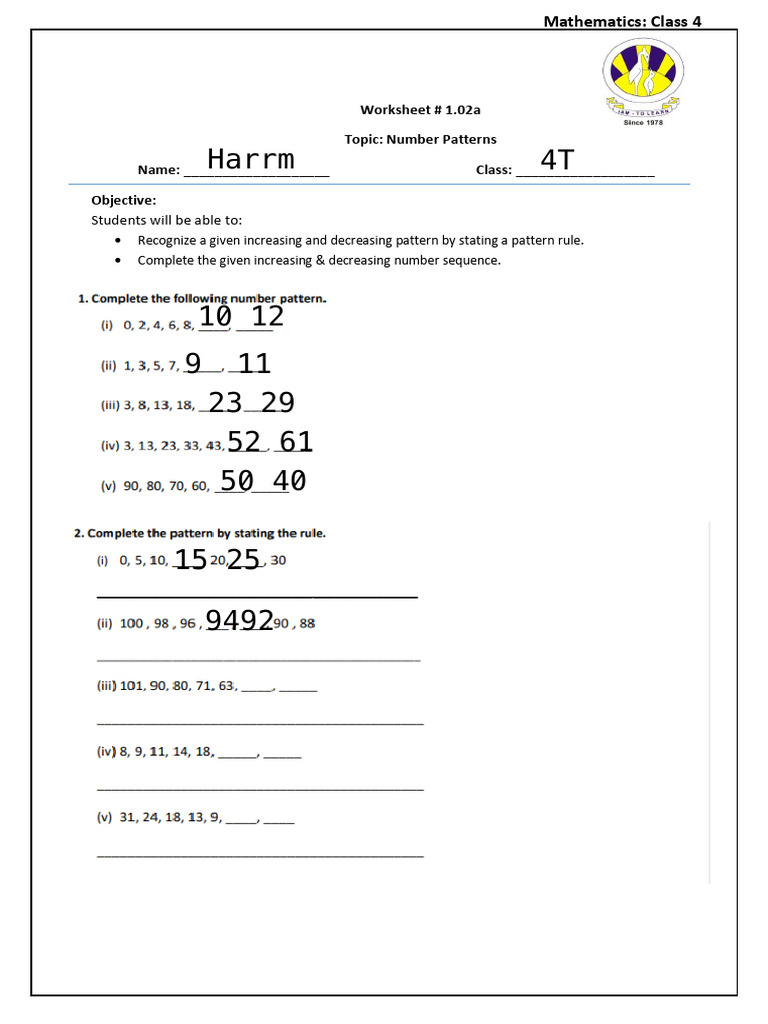 Mathematics Worksheet - Class 4 - 1.02a | PDF