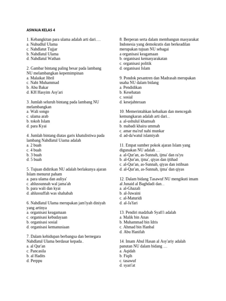 Uas Aswaja Kelas 4 | PDF