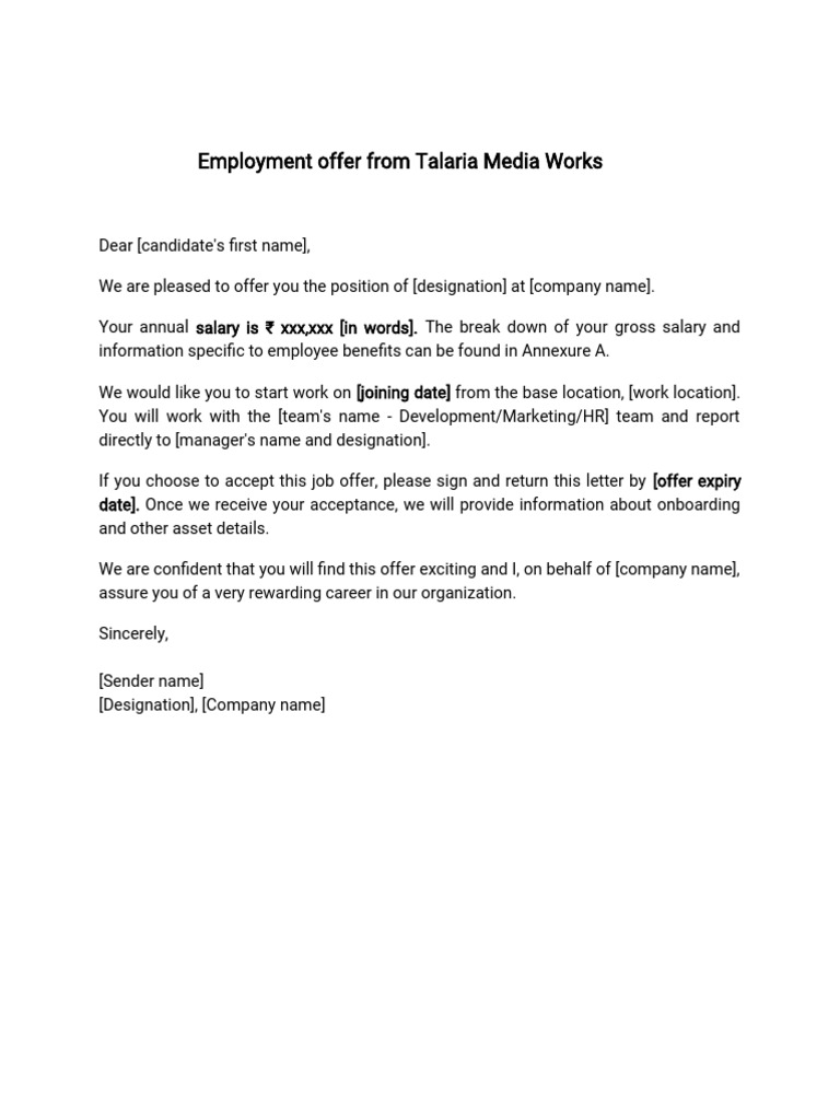 Standard Employment Offer Template | PDF