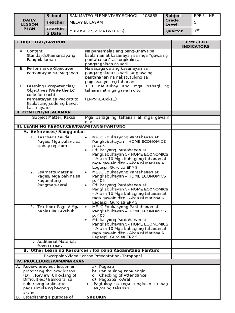 Epp 5 He Cot Lesson Plan Q1 W5 | PDF
