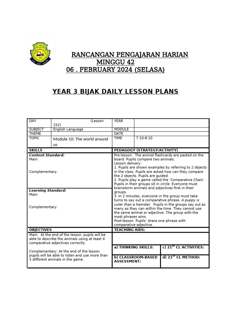 RPH Selasa 06.02.2024 | PDF | Teachers | Lesson Plan