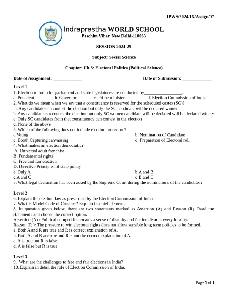 Electoral Politics Assignment | PDF | Elections | Government