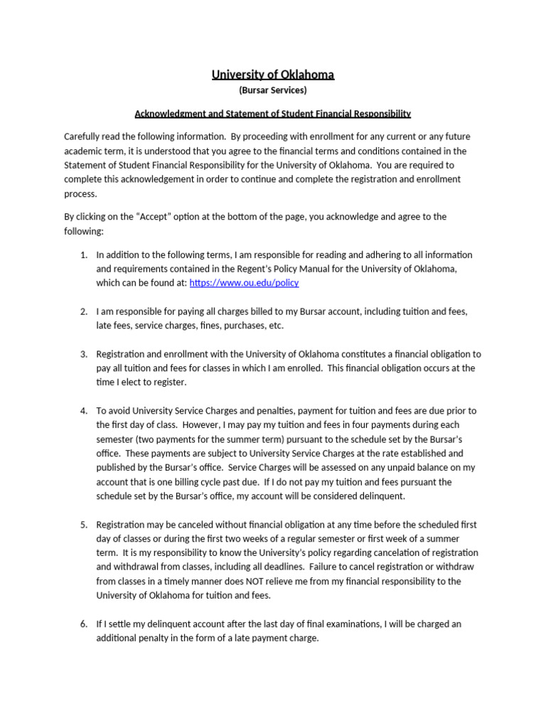 University of Oklahoma: (Bursar Services) Acknowledgment and Statement ...