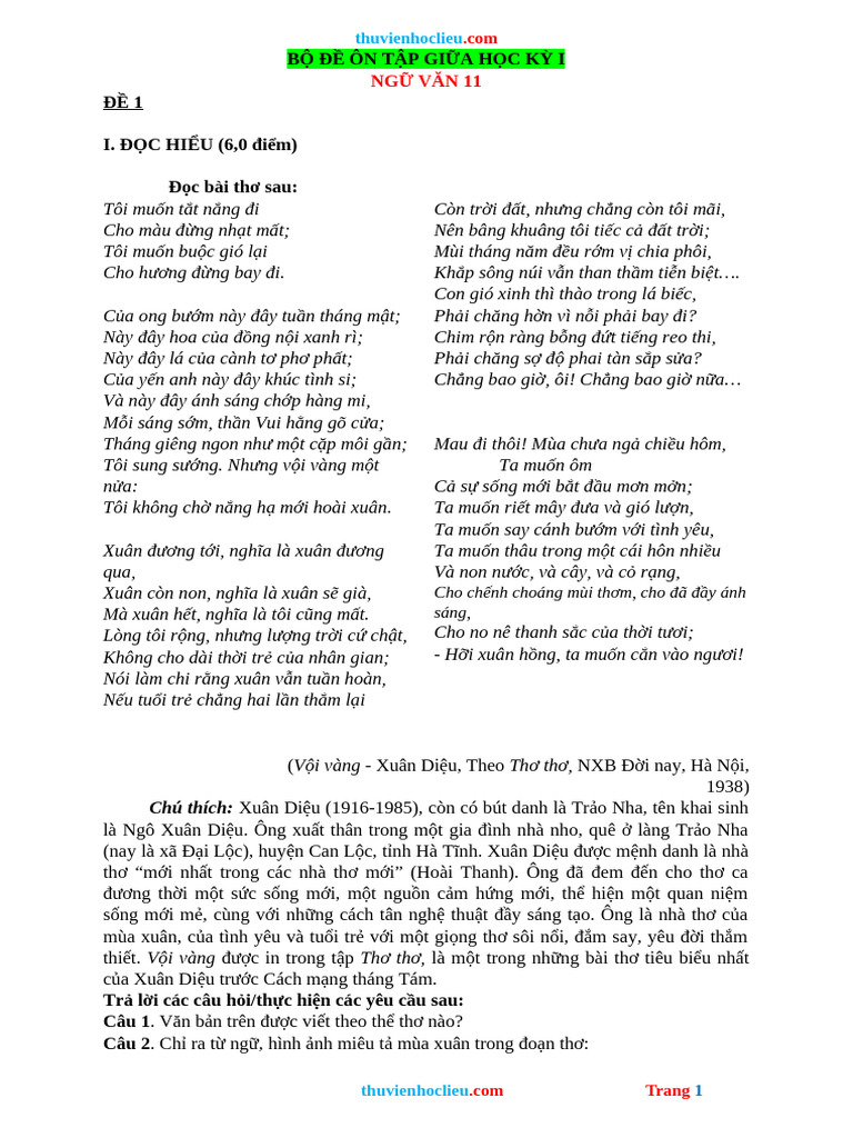 Bo de On Tap Giua HK1 Ngu Van 11 Canh Dieu | PDF