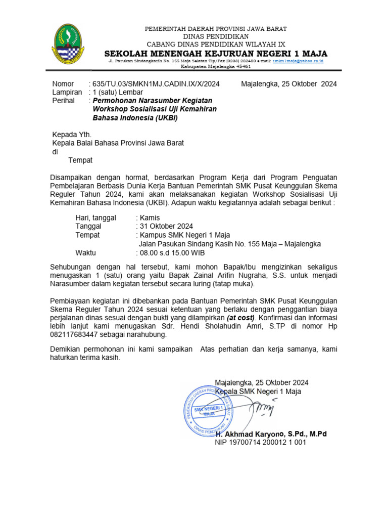 Surat Permohonan Narasumber Sosialisasi UKBI | PDF