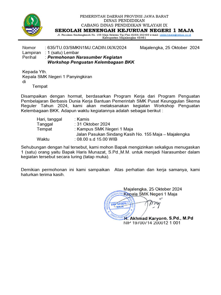 Surat Permohonan Narasumber Workshop BKK | PDF