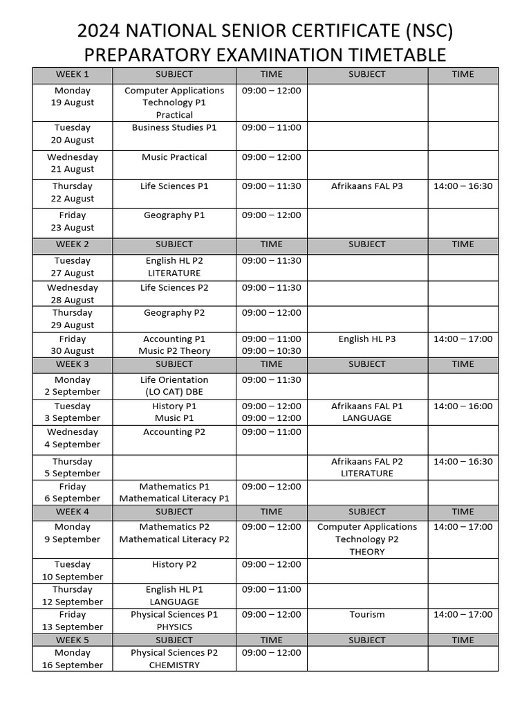 NSC Trial Exam Timetable September 2024 | PDF | Educational Stages ...