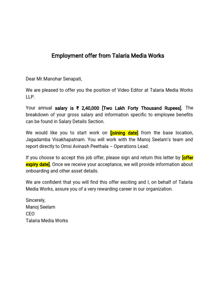 Manohar Offer Letter | PDF