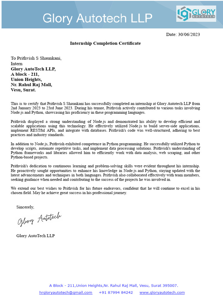 Internship Letter | PDF | Career & Growth | Business