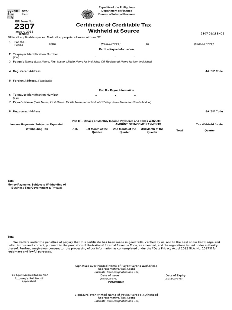 bir-form-2307 | PDF | Corporate Tax | Value Added Tax