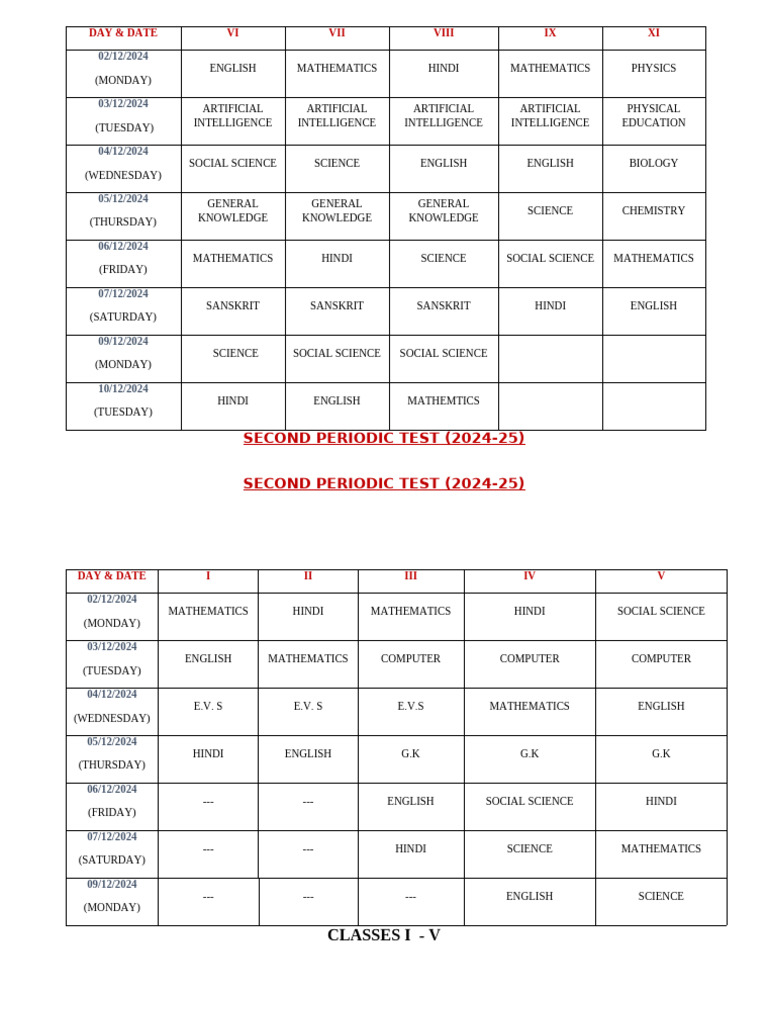 Second Periodic Test Time Table (2024-25) | PDF