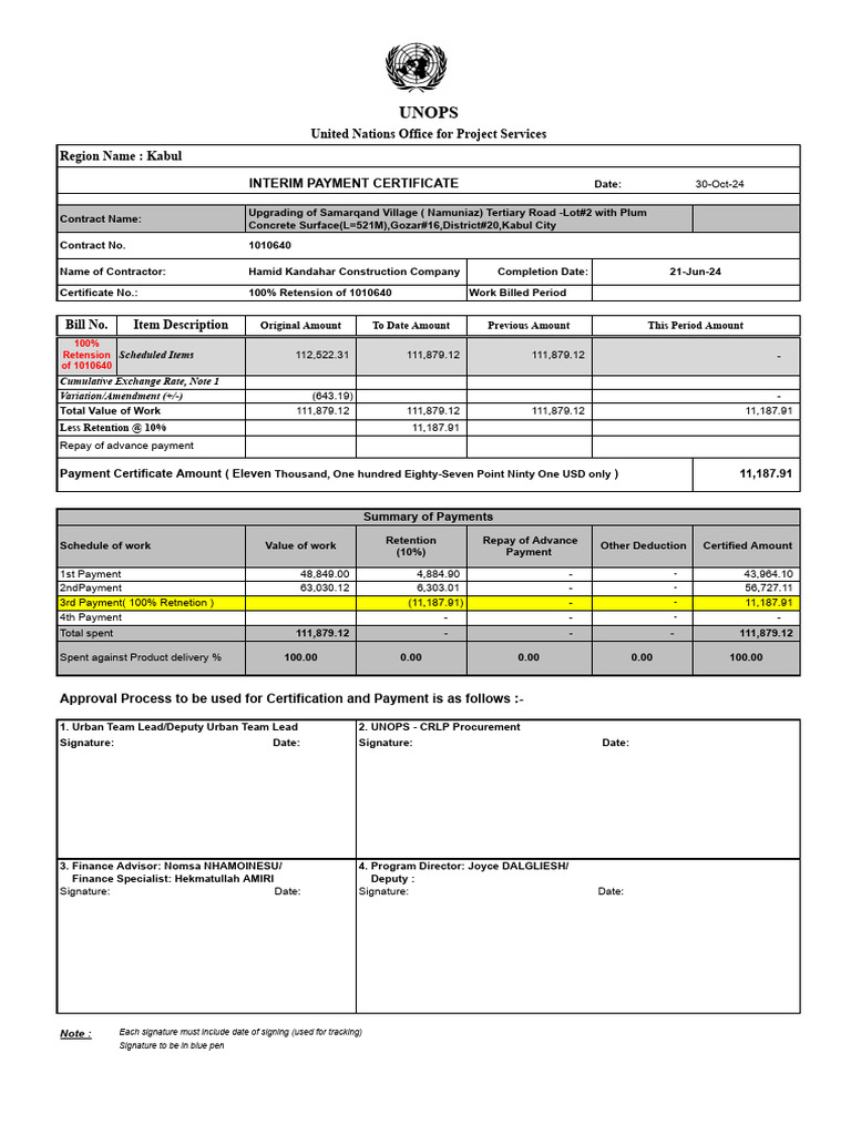 PROGRESS PAYMENT CERTIFICATE (100% Retension).xlsx - Google Sheets | PDF
