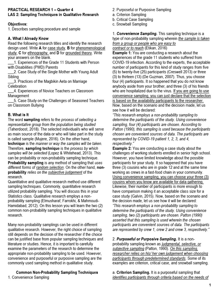 Practical Research 1 q4 Week 2 | PDF | Sampling (Statistics) | Experience
