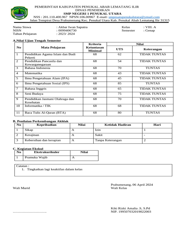 Raport Uts 8a Genap 2023-2024 | PDF