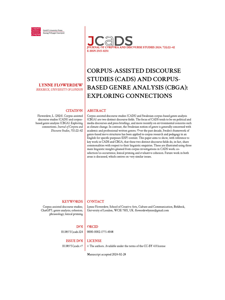 Corpus-Assisted Discourse Studies (CADS) and Corpus-Based Genre Analysis (CBGA) Exploring ...