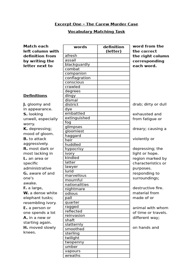 Excerpt One - Vocabulary Matching Task | PDF
