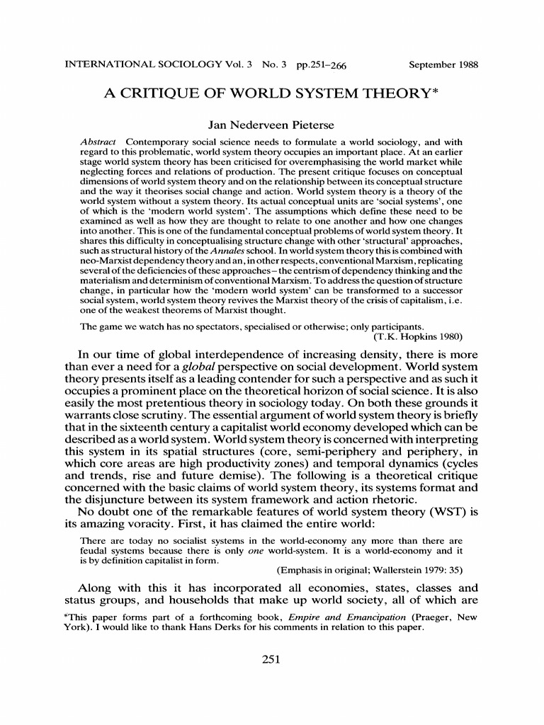 Pieterse 1988 - A Critique of World System Theory | PDF