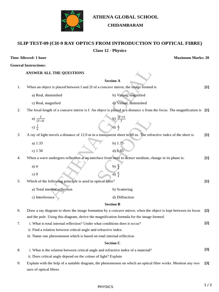 Slip Test 09 Ror Grade Xii | PDF | Optics | Reflection (Physics)