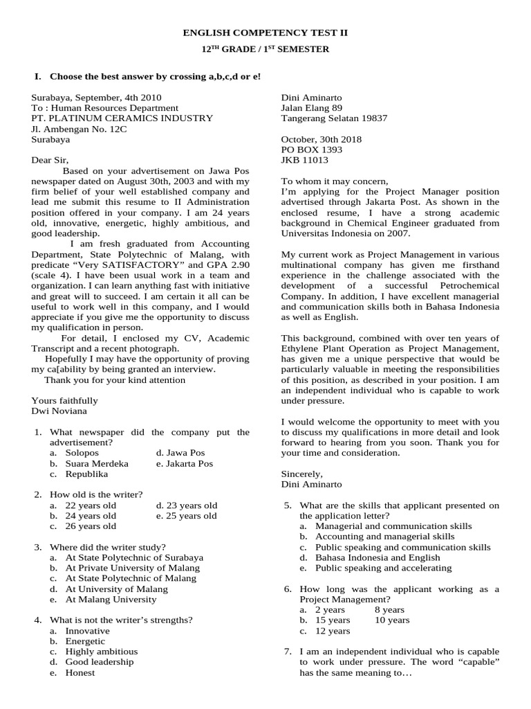 English Competency Test Ii | PDF | Business