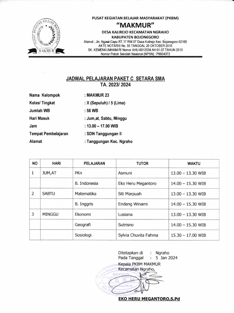 Jadwal Paket C PKBM Makmur Bojonegoro | PDF