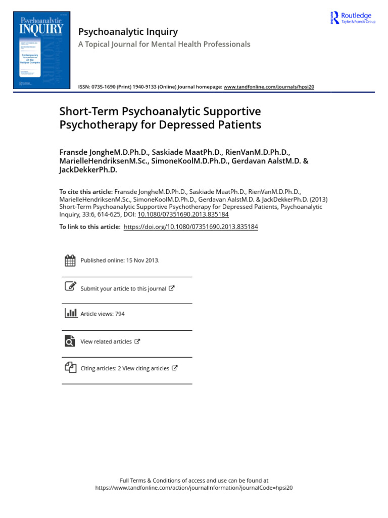 Short-Term Psychoanalytic Supportive Psychotherapy For Depressed ...