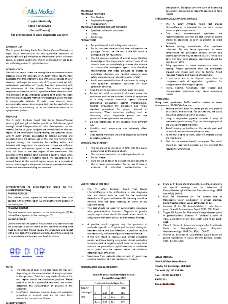 H.pylori Antibody Package Insert | PDF | Infection | Serology