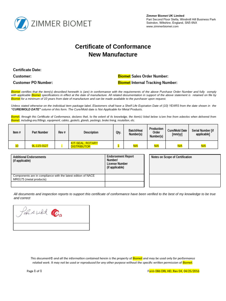 Certificate of Conformance - Biomet UK | PDF