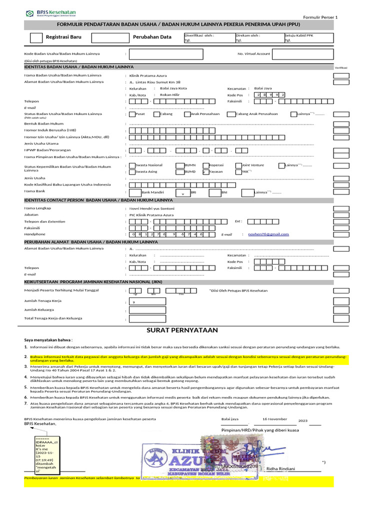 Form Registrasi Bpjs | PDF