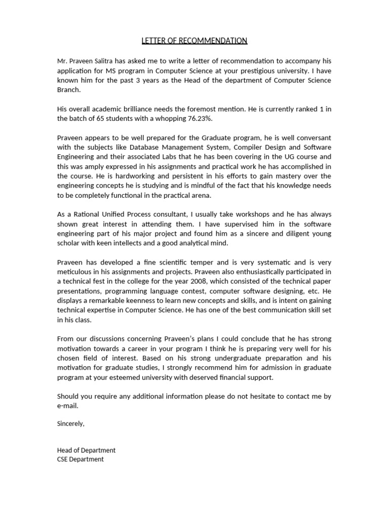 Sample LOR 2 (Academic) | PDF | Career & Growth