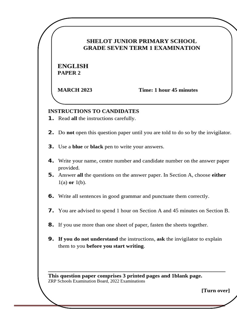 Grade 7 English Exam Paper 2 - March 2023 | PDF