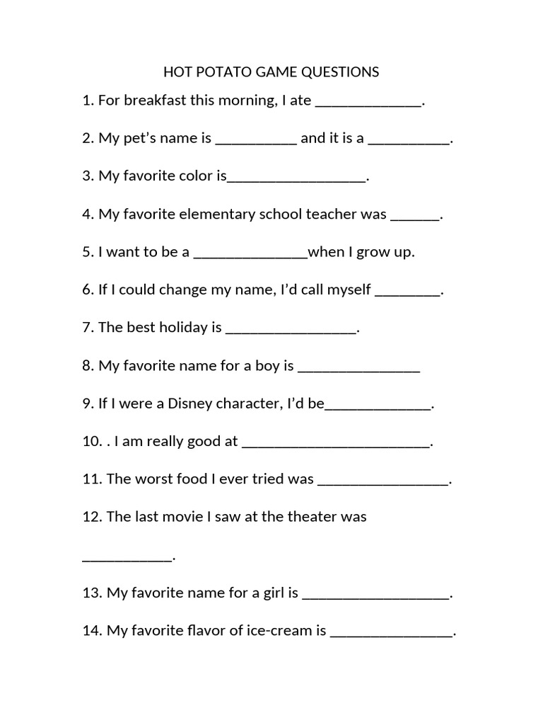 Hot Potato Game Questions | PDF | Self-Improvement