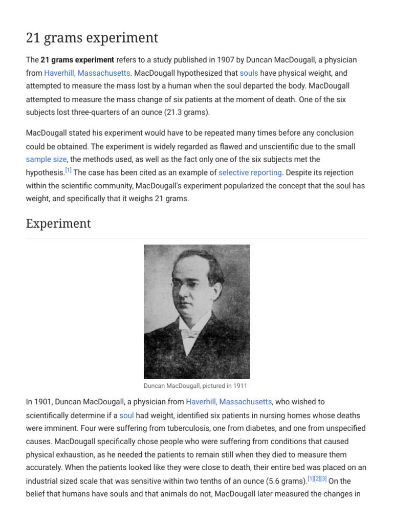 21 Grams Experiment - Wikipedia | PDF | Philosophy