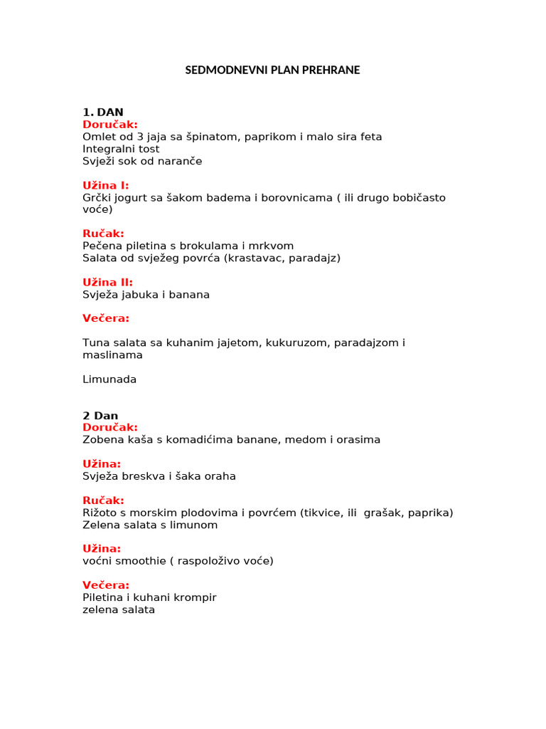 Sedmodnevni Plan Prehrane | PDF