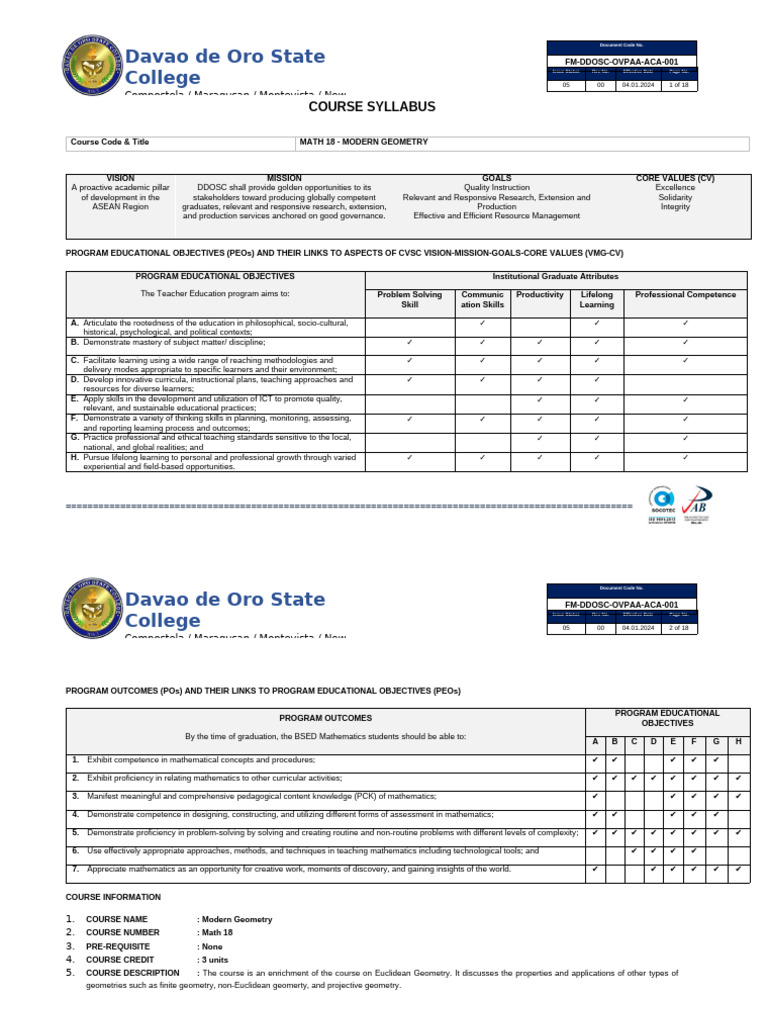 Math 18 Course Syllabus 2024 Pdf Educational Assessment Non