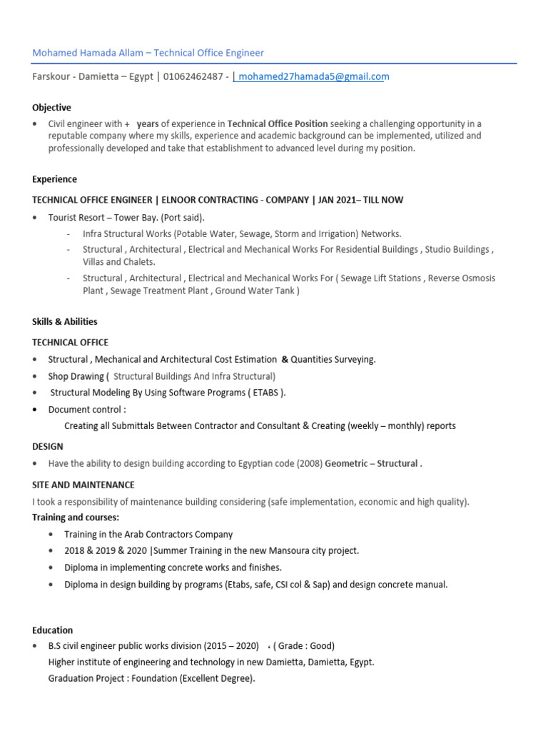 CV - Mohamed Hamada - Technical Office Engineer | PDF