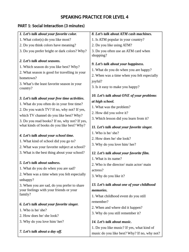 Speaking Practice For Level 4 | PDF | Educational Technology ...