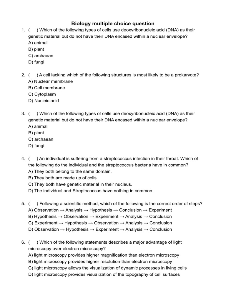 Biology Multiple Choice Question | PDF | Cell (Biology) | Eukaryotes