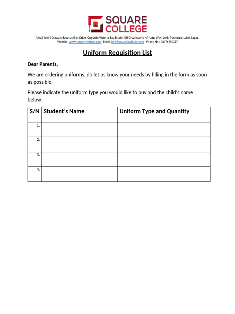 Uniform Form For Parent | PDF