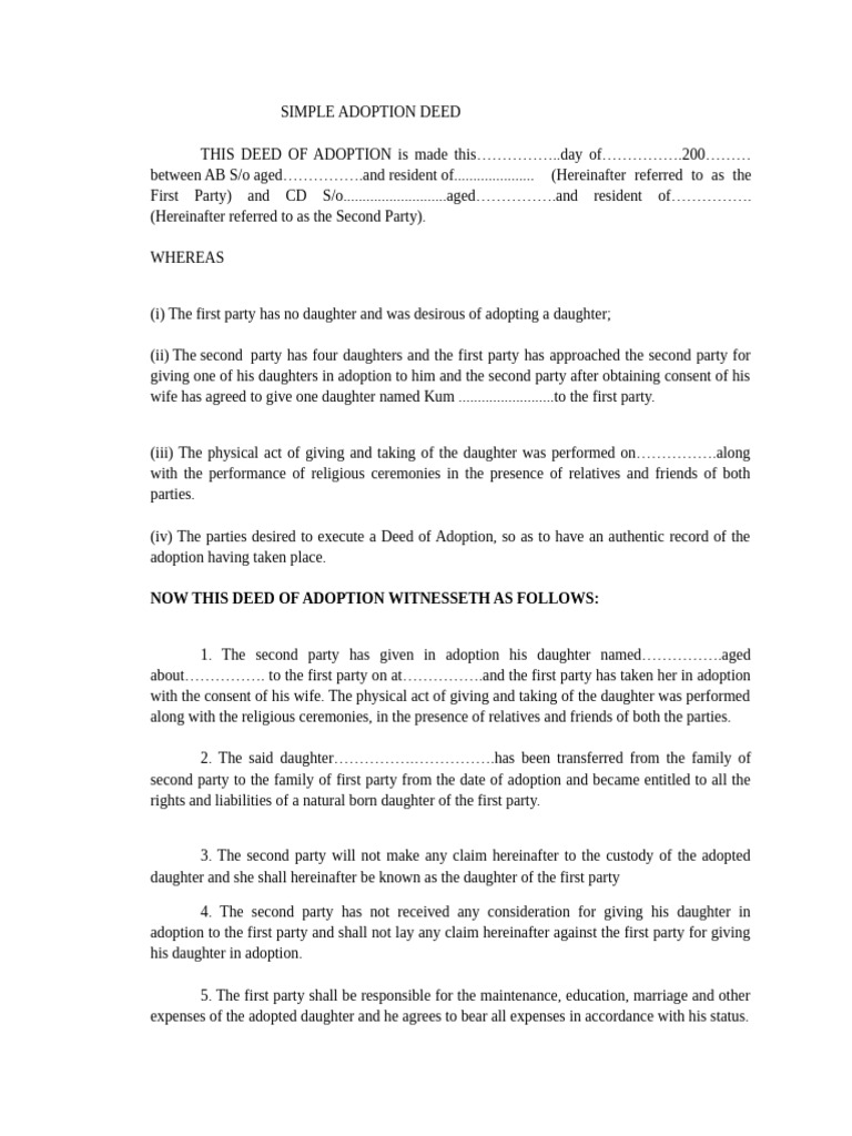 Simple Adoption Deed | PDF | Common Law | Private Law