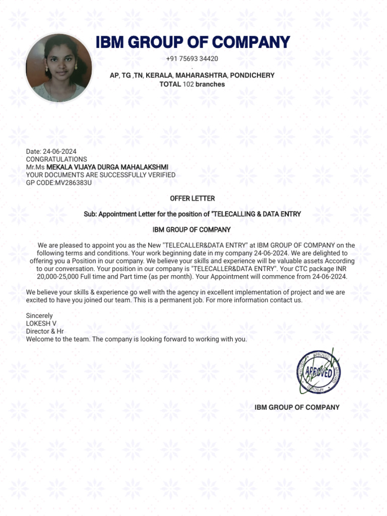IBM Offer Letter for Telecaller Position | PDF