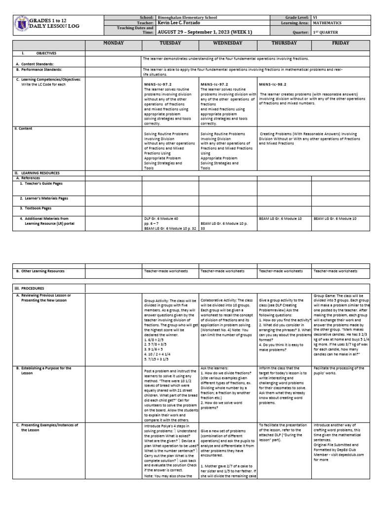 Dll Mathematics 6 q1 w1 | PDF | Learning | Teachers