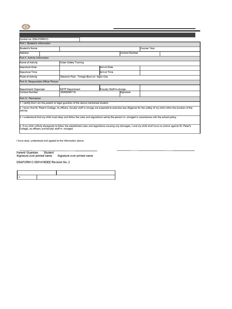 Water Safety Parents Consent | PDF