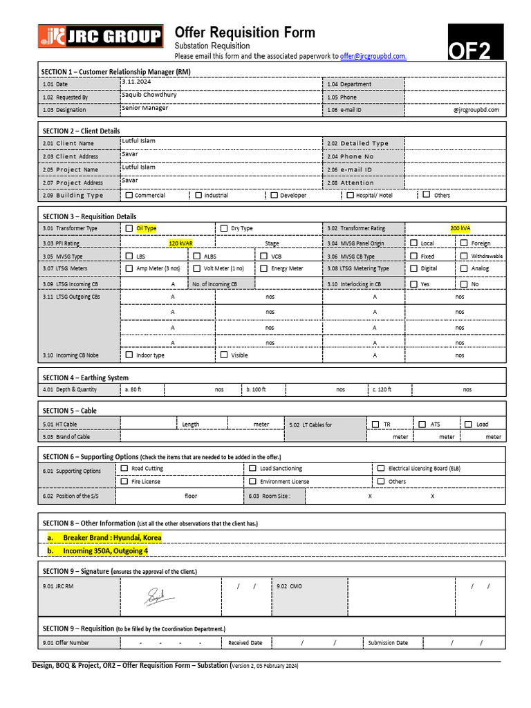 Offer Requisition Form - Substation 200kVA Savar | PDF | Electrical ...