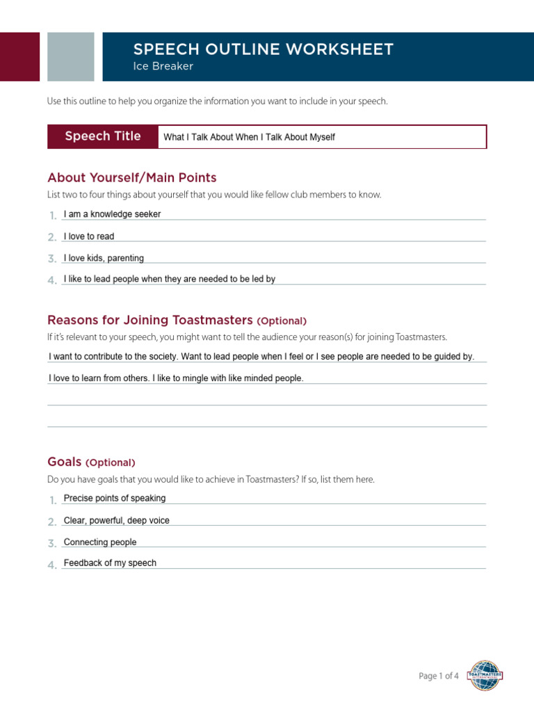 8012 Ice Breaker Speech Outline Worksheet | PDF