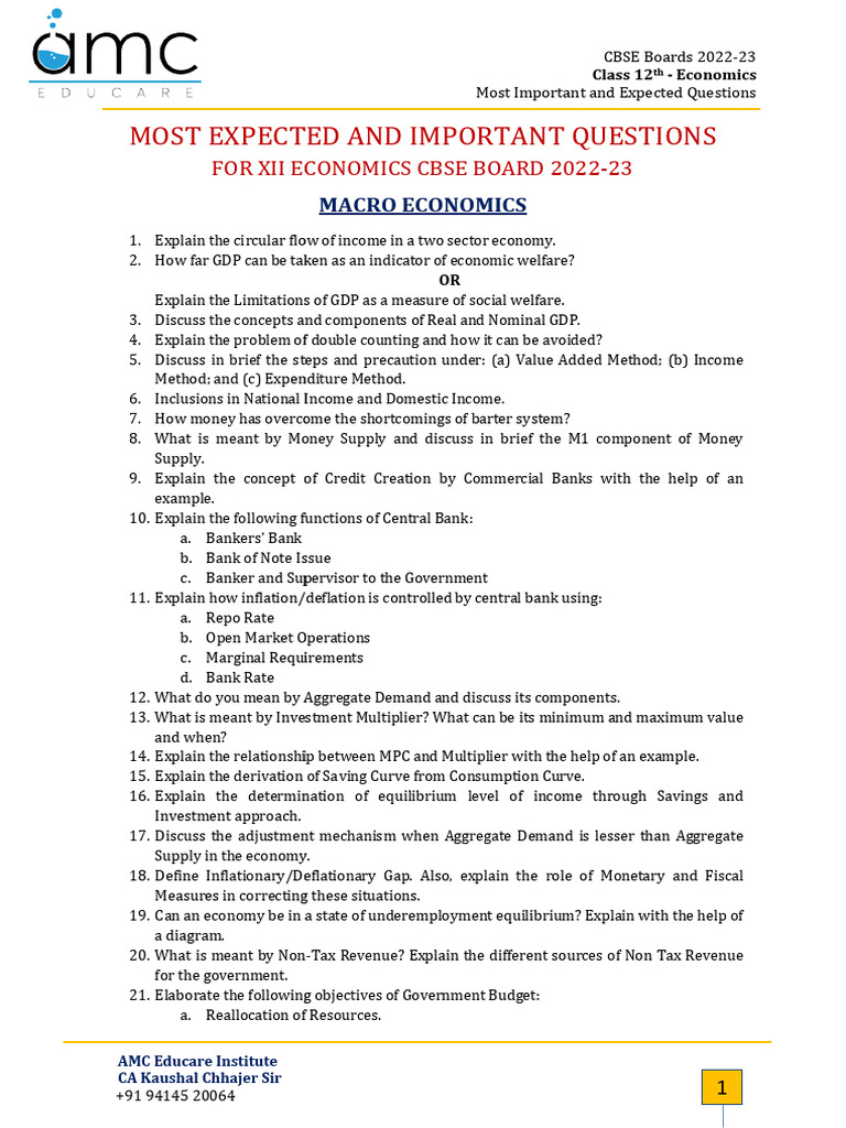 Class 12 Economics Important Questions | PDF | Government Budget ...