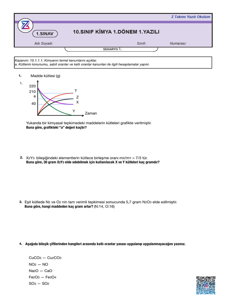 10 Sinif Kimya Ortak Yazili Sorulari Ornek Meschemy 1.donem 1.yazili | PDF