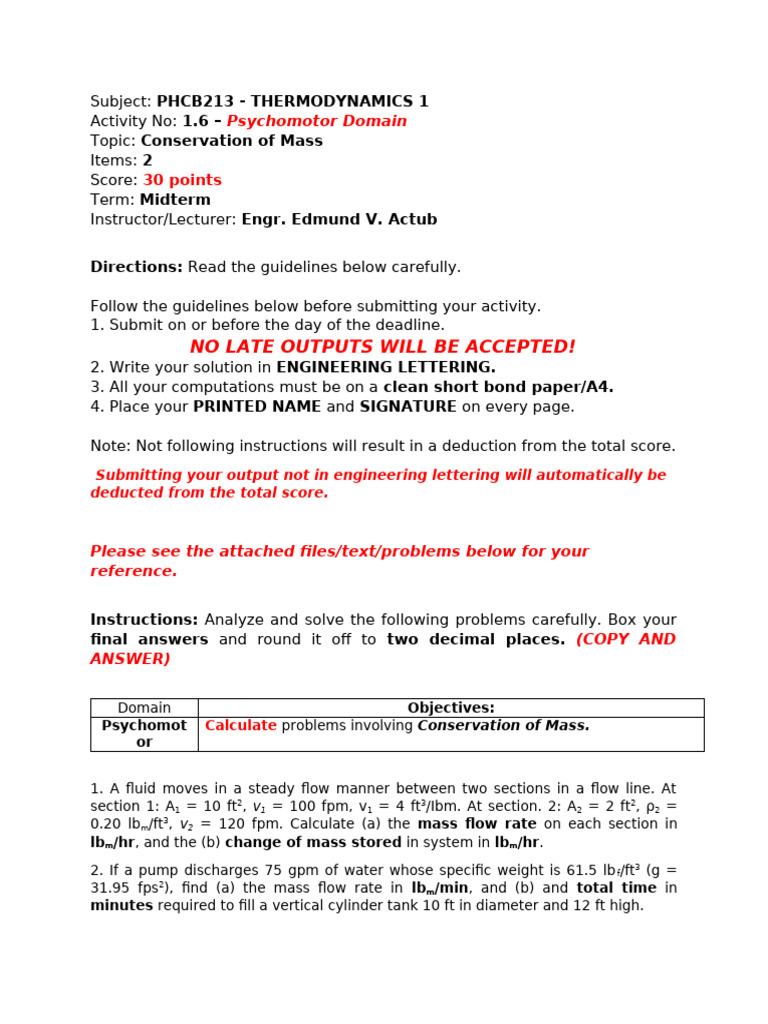 Conservation of Mass in Thermodynamics | PDF