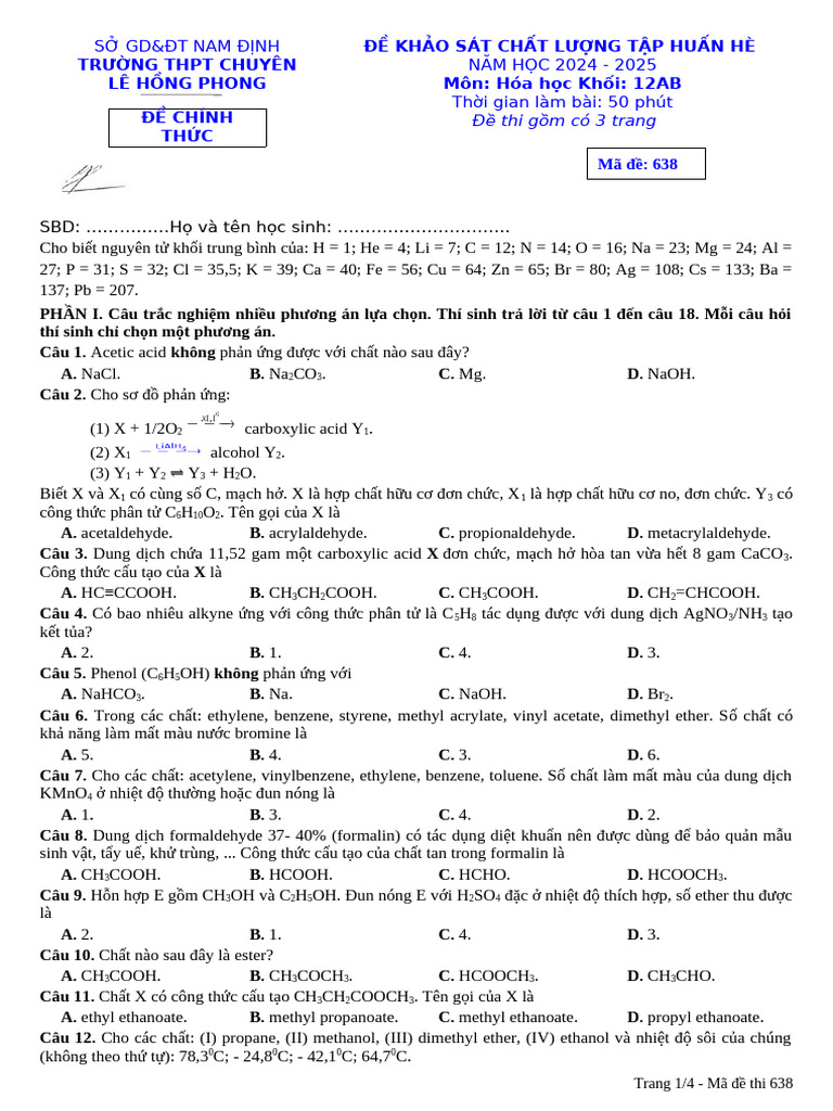 Hóa 12 Hè LHP Nam Định Đề Gốc | PDF